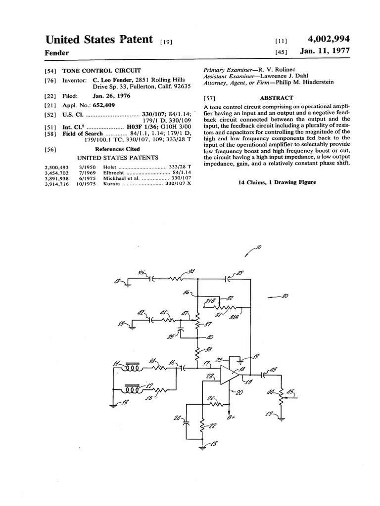 US Pat. 4,002,994, Treble Bleed Circuit For Guitar (Fender), 1977 ...