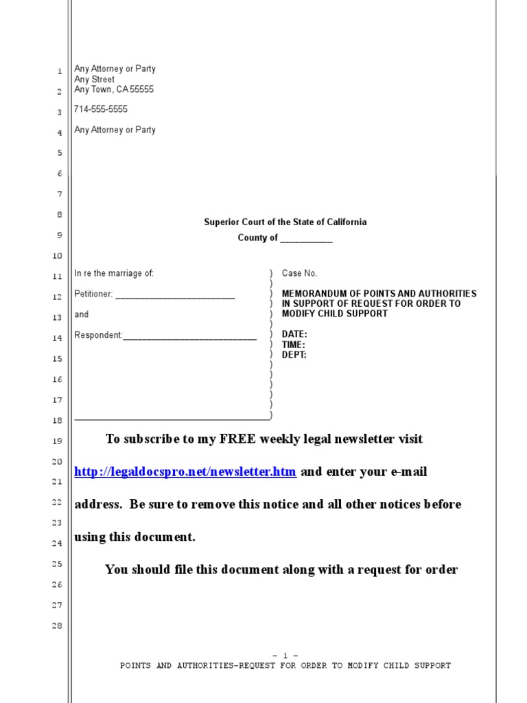 Sample Points and Authorities in Support of Request To Reduce Child ...