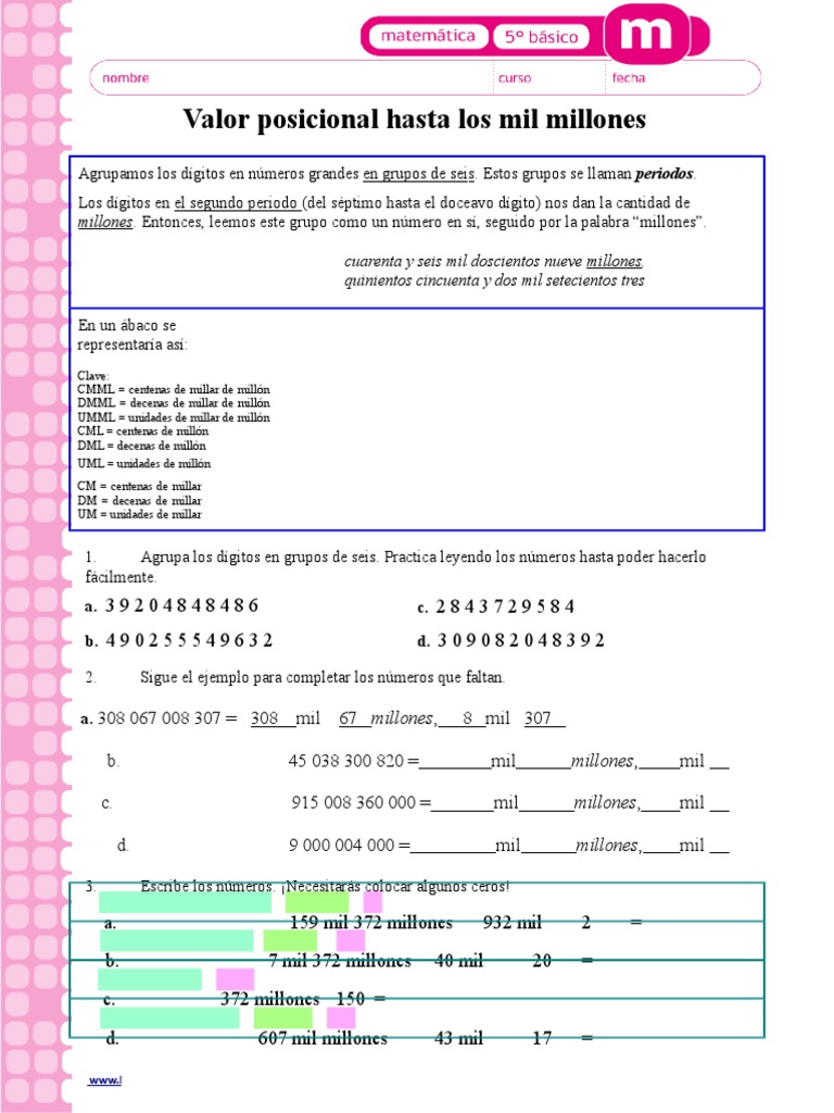 Aprende a leer y escribir números de hasta mil millones | PDF