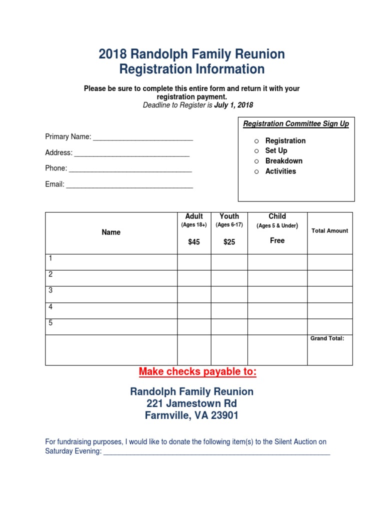 Randolph Family Reunion Registration Form | PDF