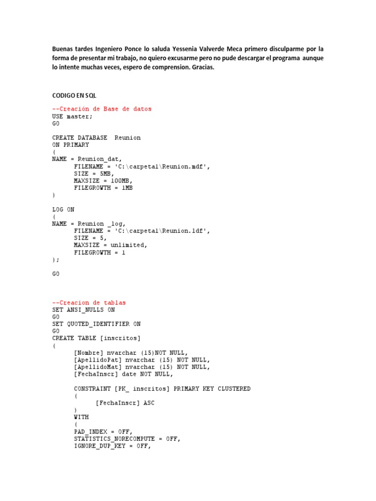 Codigo en SQL: - Creación de Base de Datos | PDF | Table (Database ...