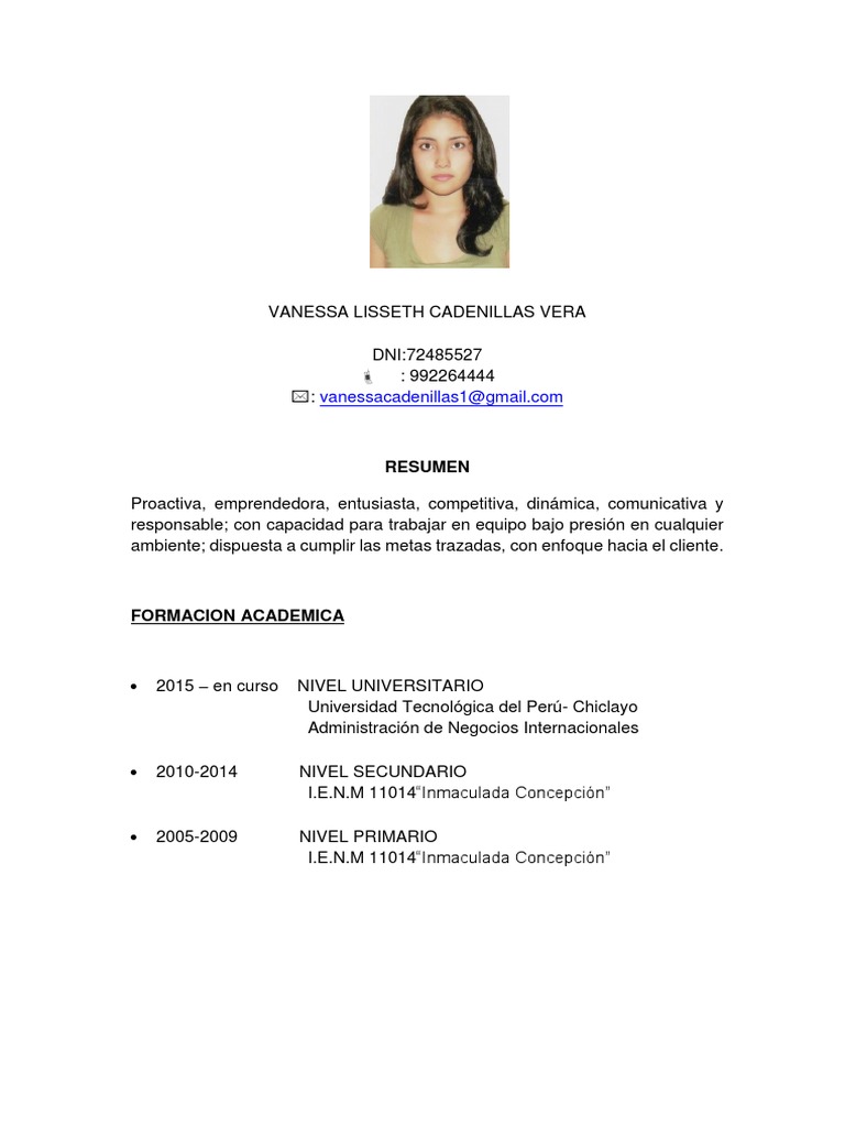 Vanessa Lisseth Cadenillas Vera - CV | PDF