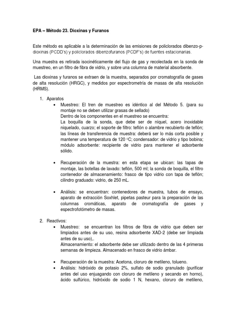 Método EPA 23: Dioxinas y Furanos | PDF | Cromatografía de gases | Lentes