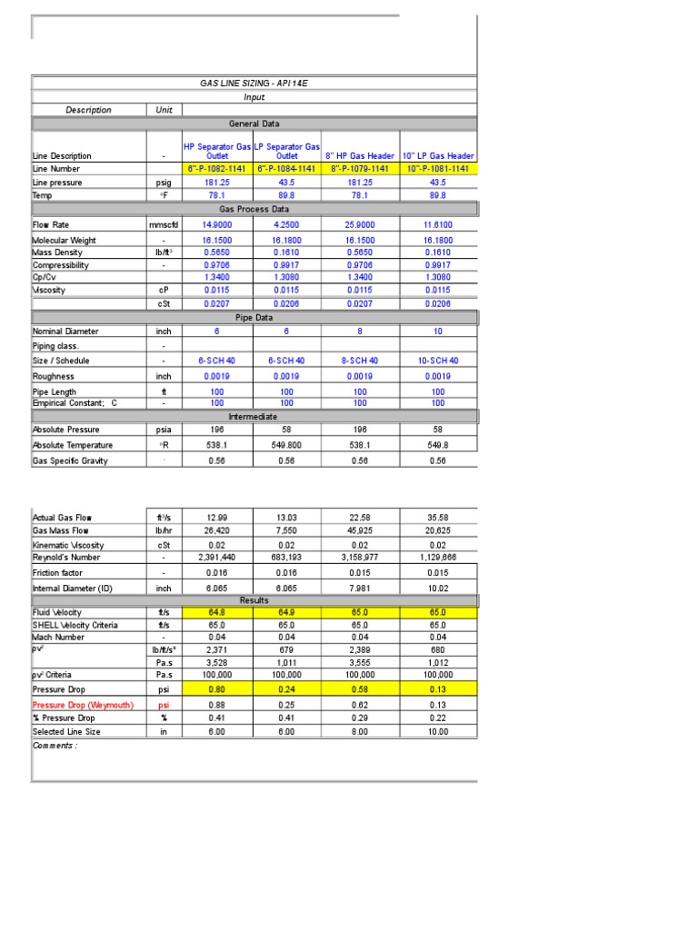 Gas Line Sizing - Api 14E Input Description Unit: General Data | PDF