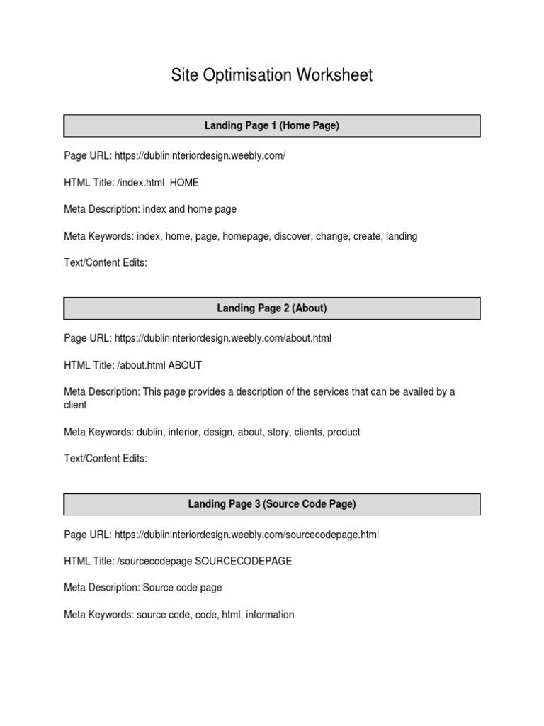 Site Optimisation Worksheet | PDF | Search Engine Optimization | Search Engine Indexing