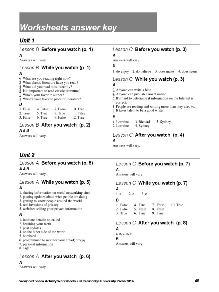 Worksheets Answer Key: Unit 1 | PDF | Nature