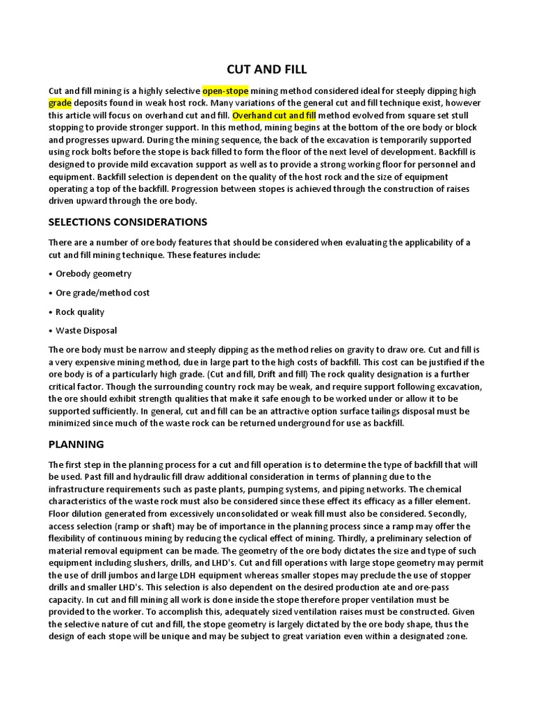 Cut and Fill Mining Method Guide | PDF | Industries | Nature