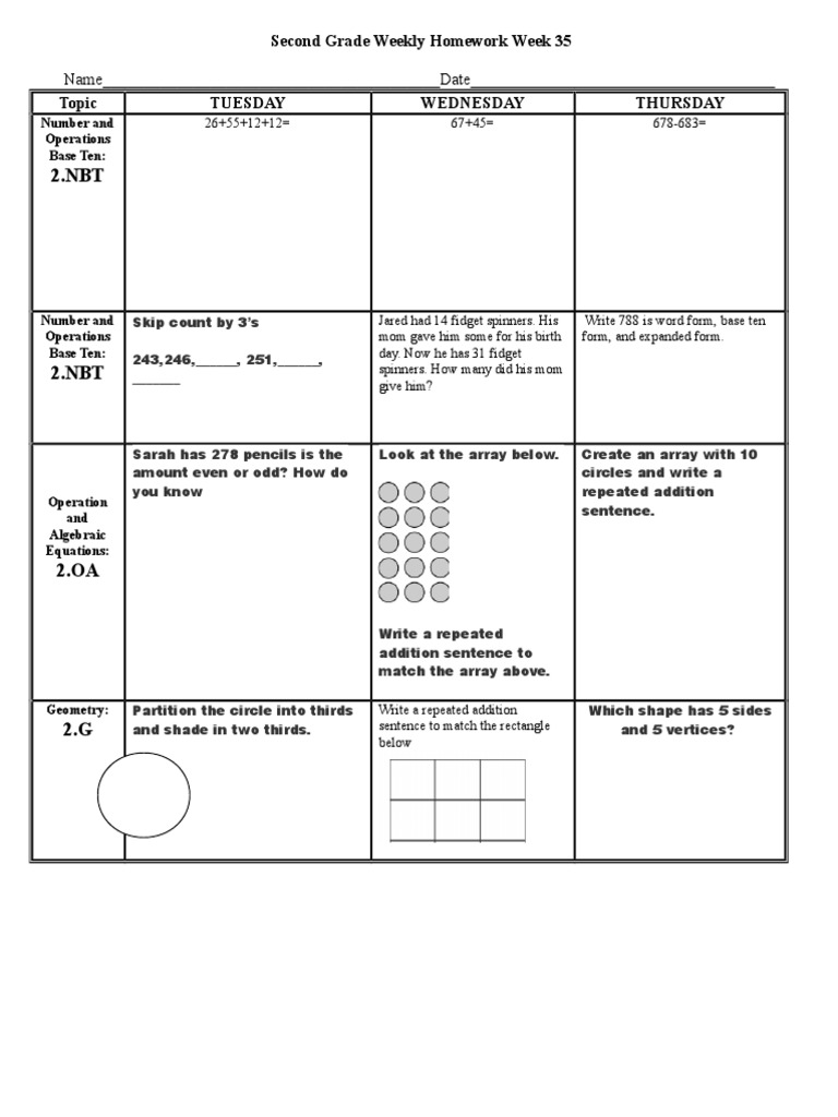 Second Grade Homework Week 35 | PDF | Teaching Methods & Materials