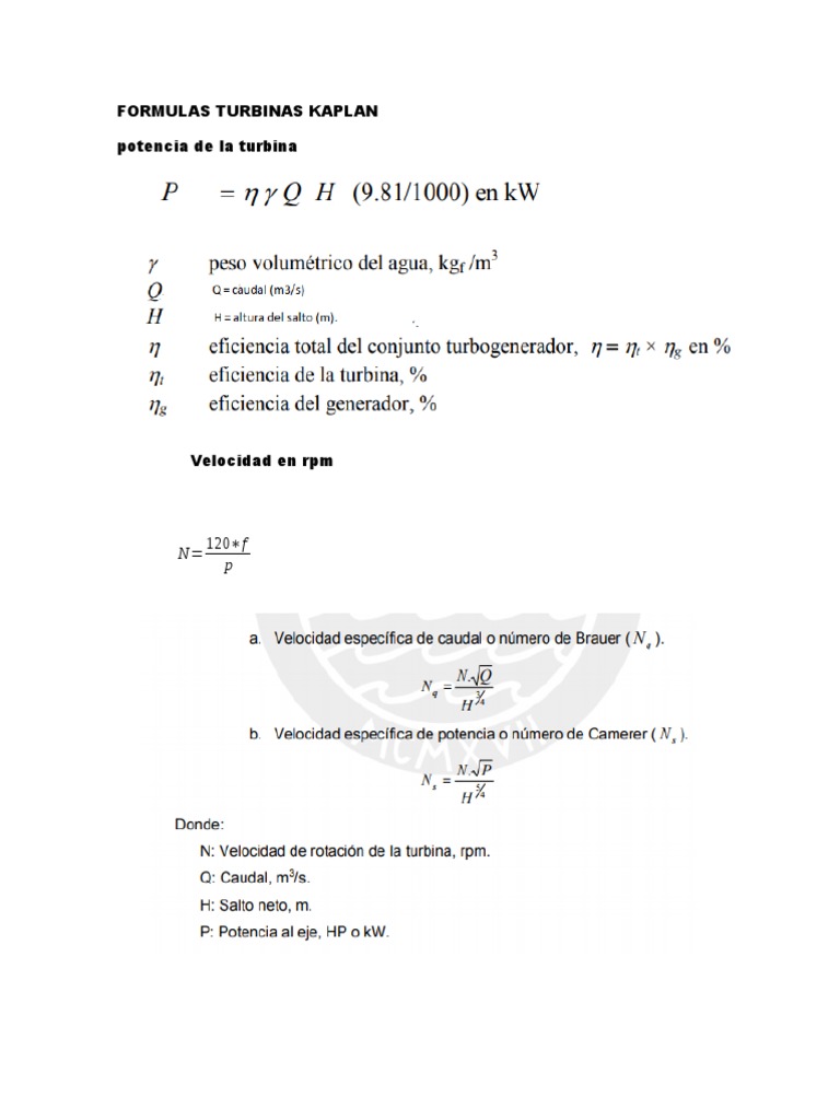Formulas Turbinas Kaplan