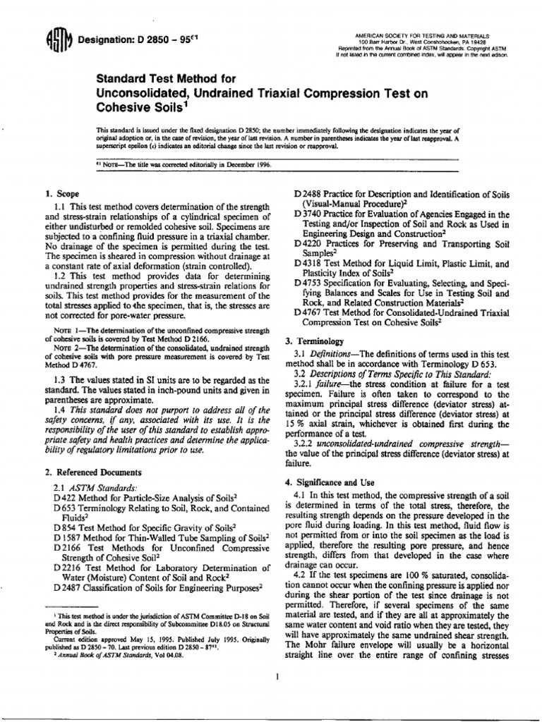 Astm D2850 - Compresión Triaxial en Suelo Cohesivos PDF | PDF