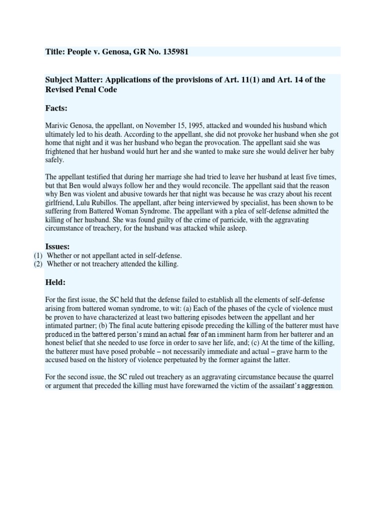 People v Genosa ruling on battered woman syndrome | PDF