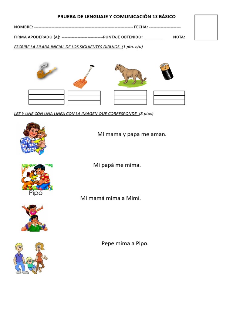 Prueba de Lenguaje 1º Básico: Letra P | PDF