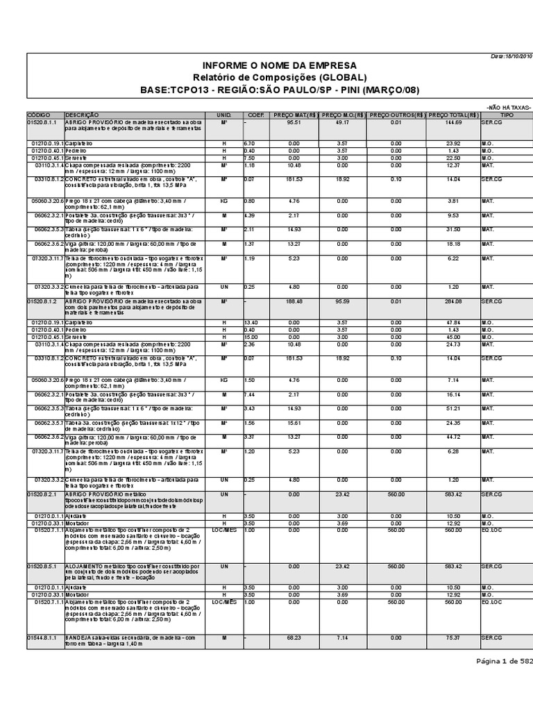 TCPO-13 Excel | PDF | Materiais | Engenharia Civil
