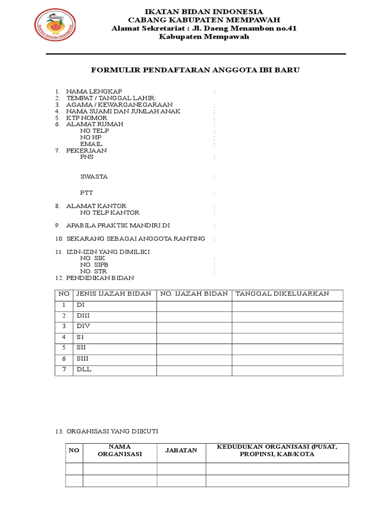 Formulir Pendaftaran Anggota Ibi Baru | PDF