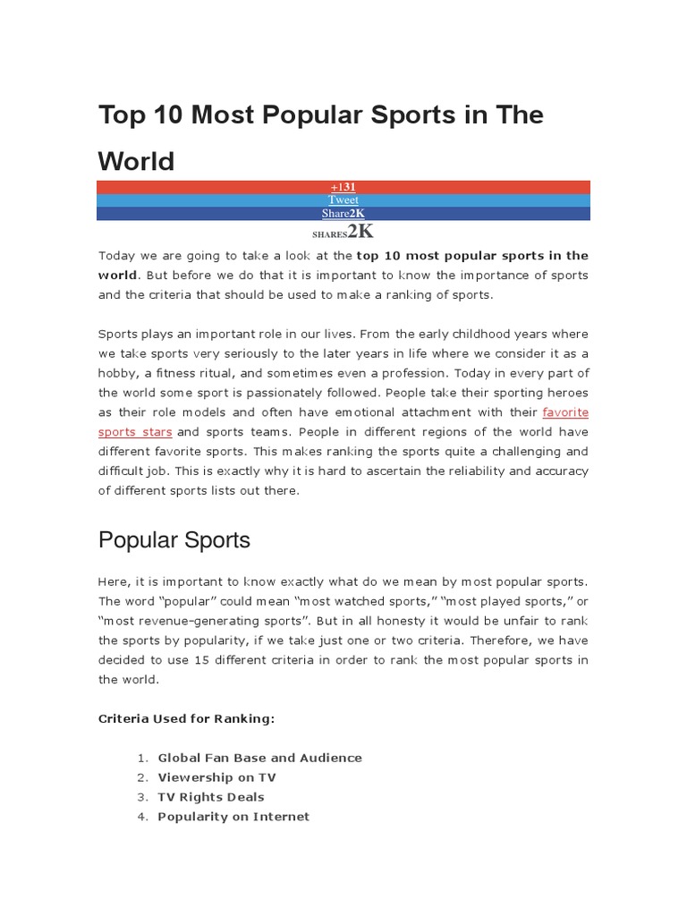Top 10 Most Popular Sports Worldwide | PDF | Sports | Cricket