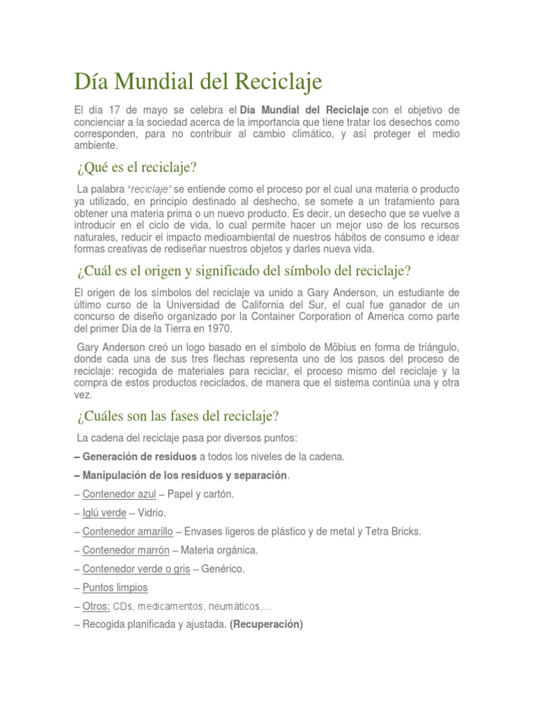 Día Mundial Del Reciclaje | PDF | Reciclaje | Residuos