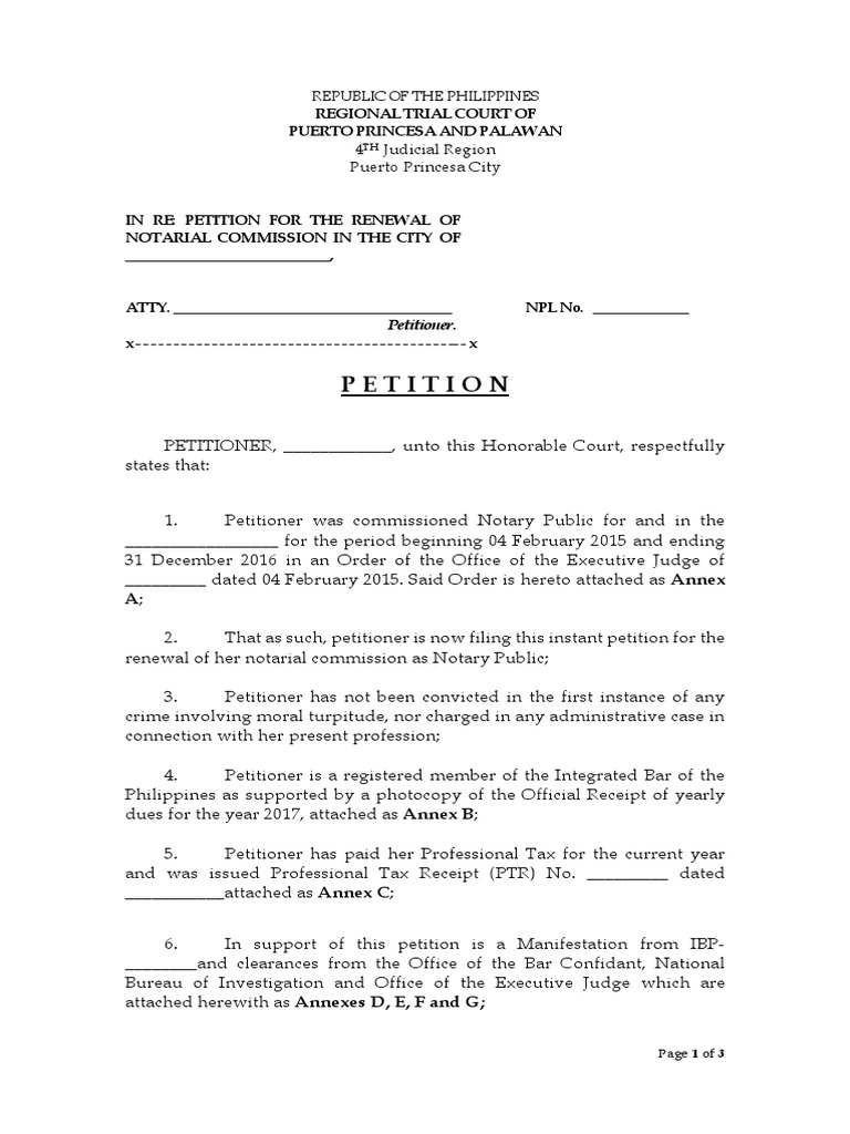 Petition for Renewal of Notarial Commission BLANK | Notary Public ...