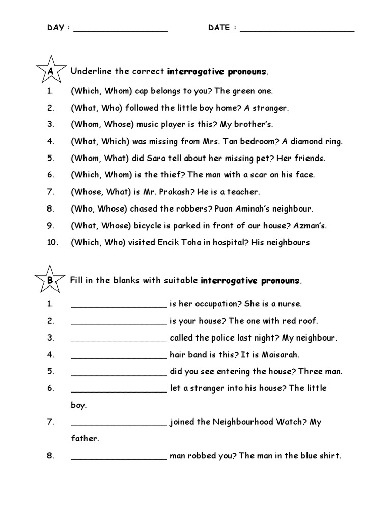 Interrogative Pronouns Worksheet Grade 3 | PDF | Language Arts ...