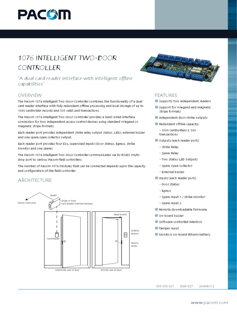 PACOM 1076 Intelligent 2 Door Controller Datasheet | PDF | Access Control | Manufactured Goods