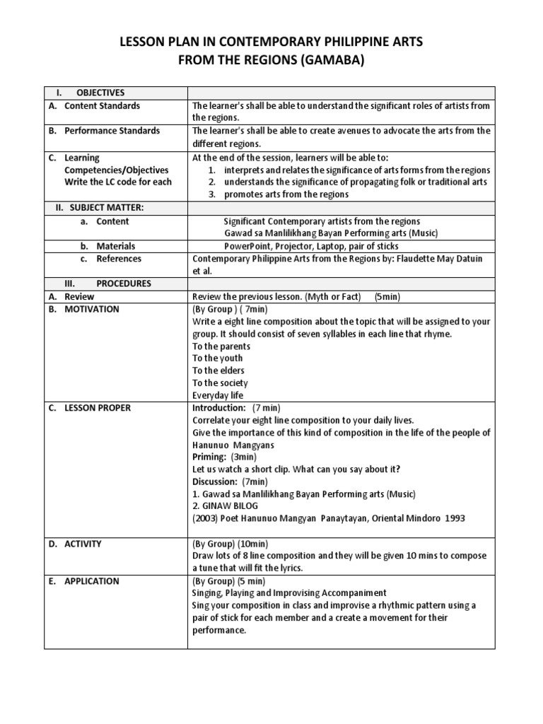 Demo - Lesson Plan in Gamaba | PDF | Musical Compositions | Lesson Plan