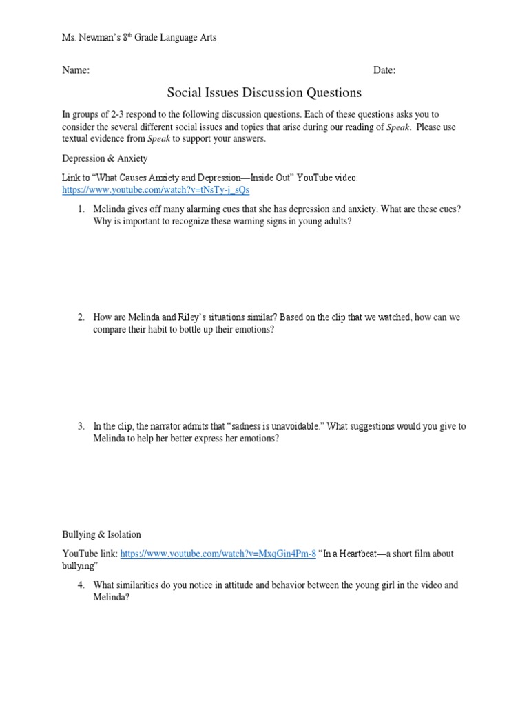 Social Issues Discussion Questions | PDF | Friendship | Bullying