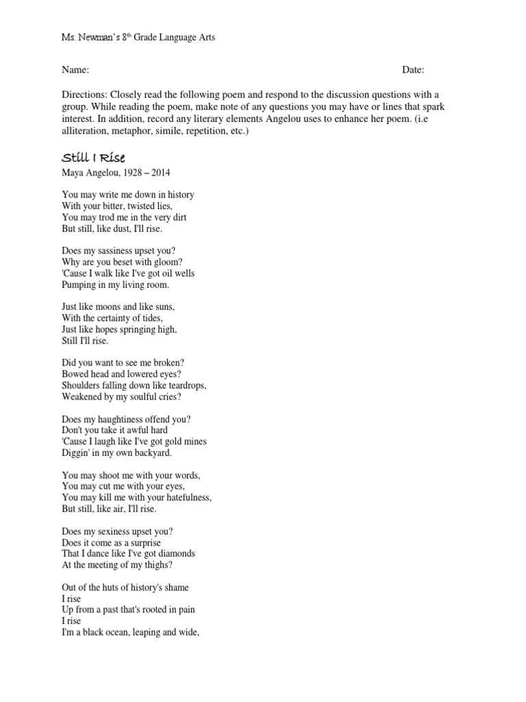 Analyzing Maya Angelou's "Still I Rise" | PDF | Poetry