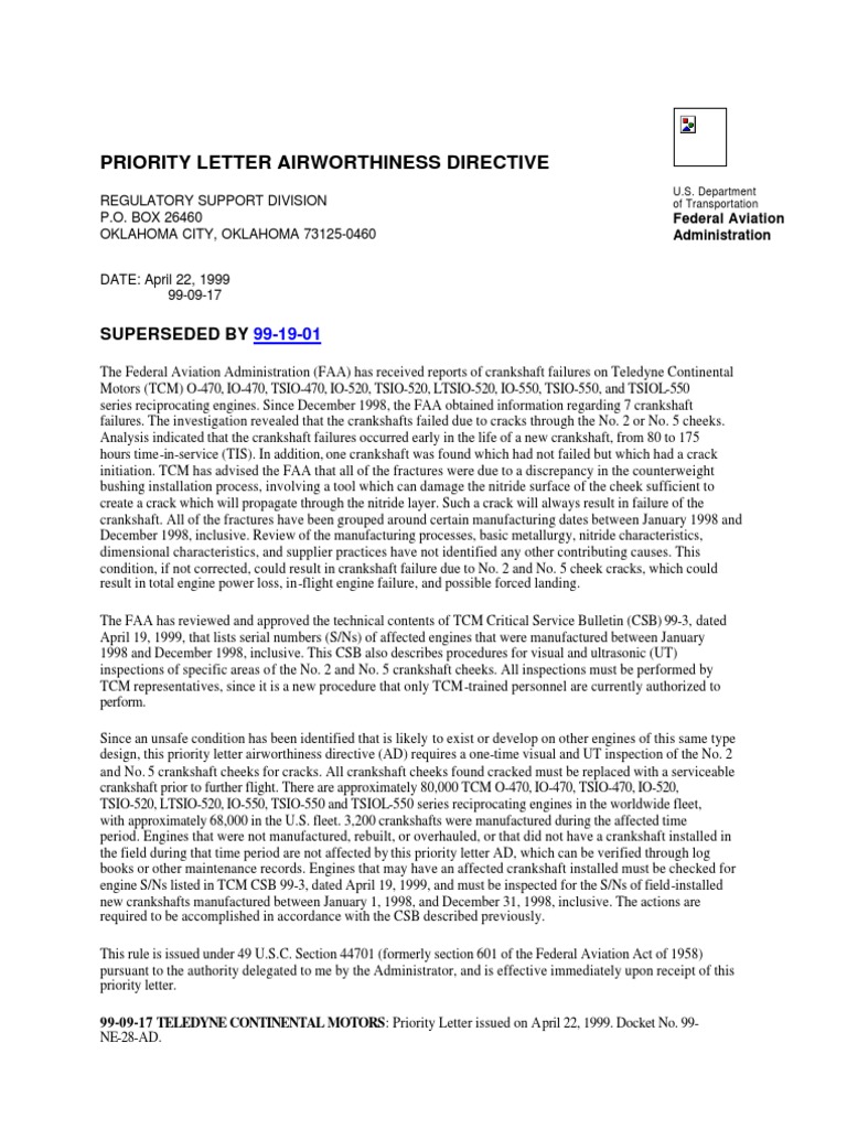 16_FAA_AD_99-09-17 | Federal Aviation Administration | Aviation