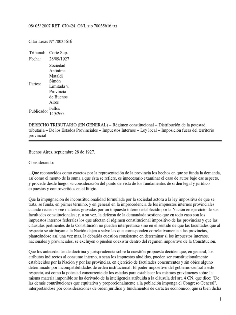 Fallo SIMON MATALDI | PDF | Impuestos | Constitución