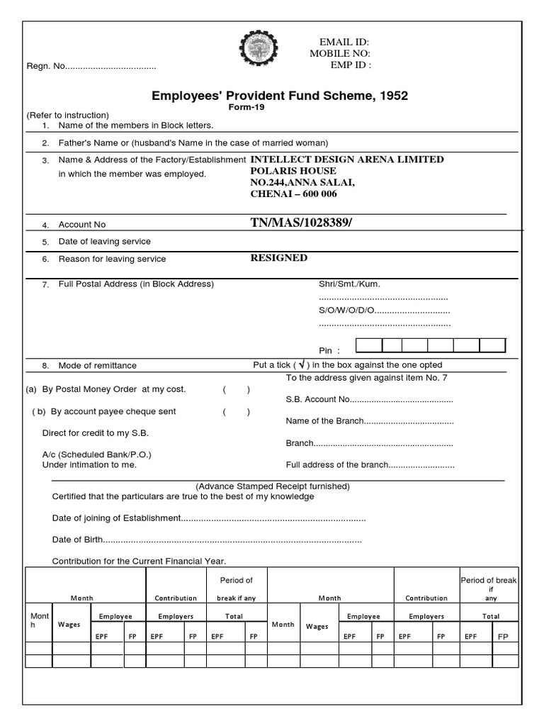 Form 19 PF New Intellect | PDF | Cheque | Money