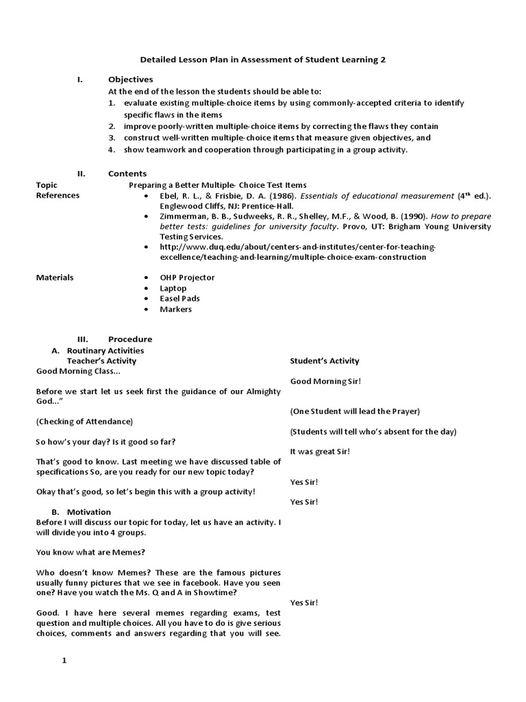 Detailed Lesson Plan in Assessment of Student Learning 2 | PDF ...
