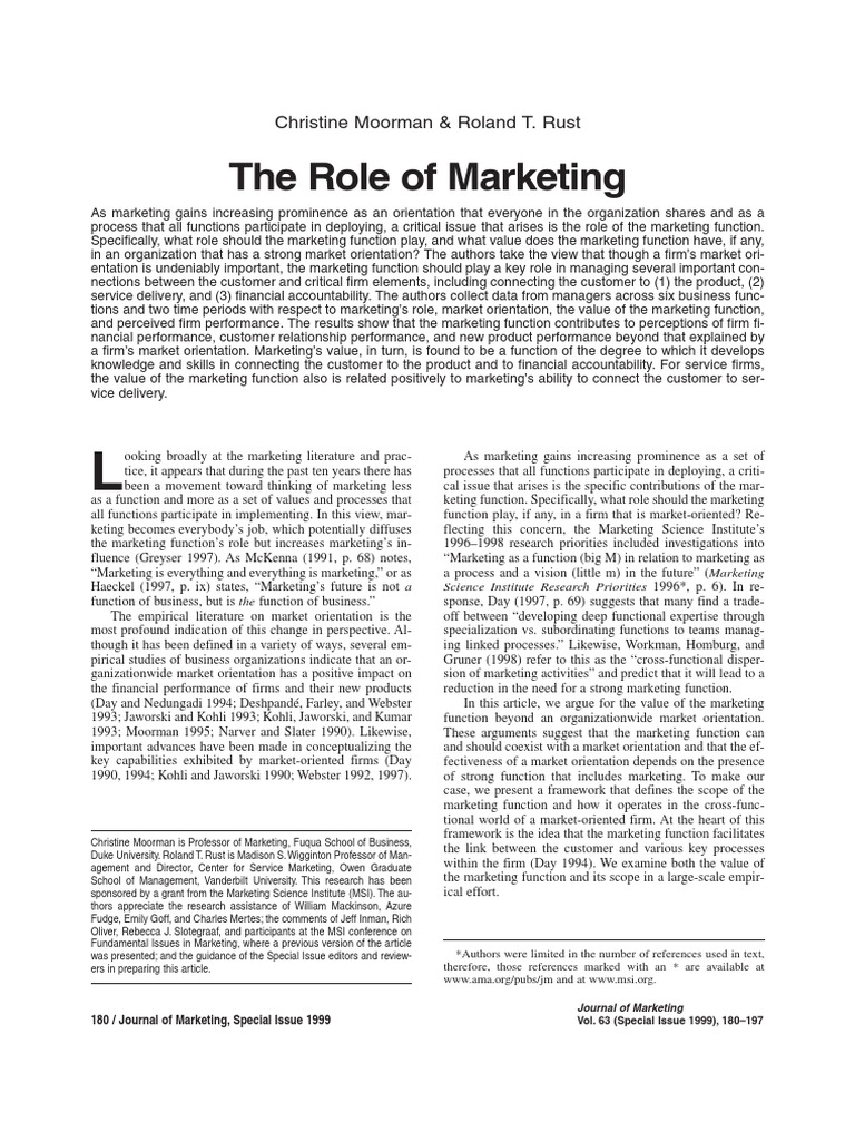 The Role of Marketing: Christine Moorman & Roland T. Rust | PDF ...