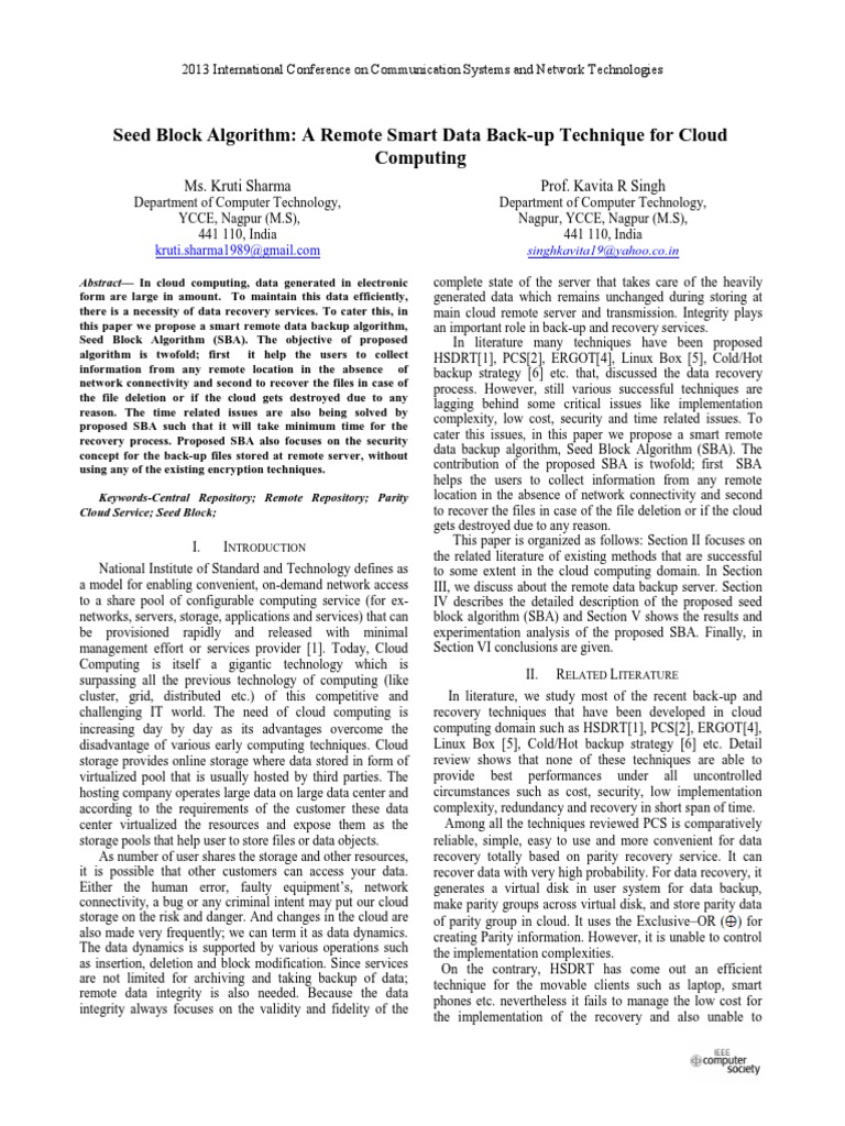 Seed Block Algorithm A Remote Smart Data Back Up Technique For Cloud Computing Download Free 