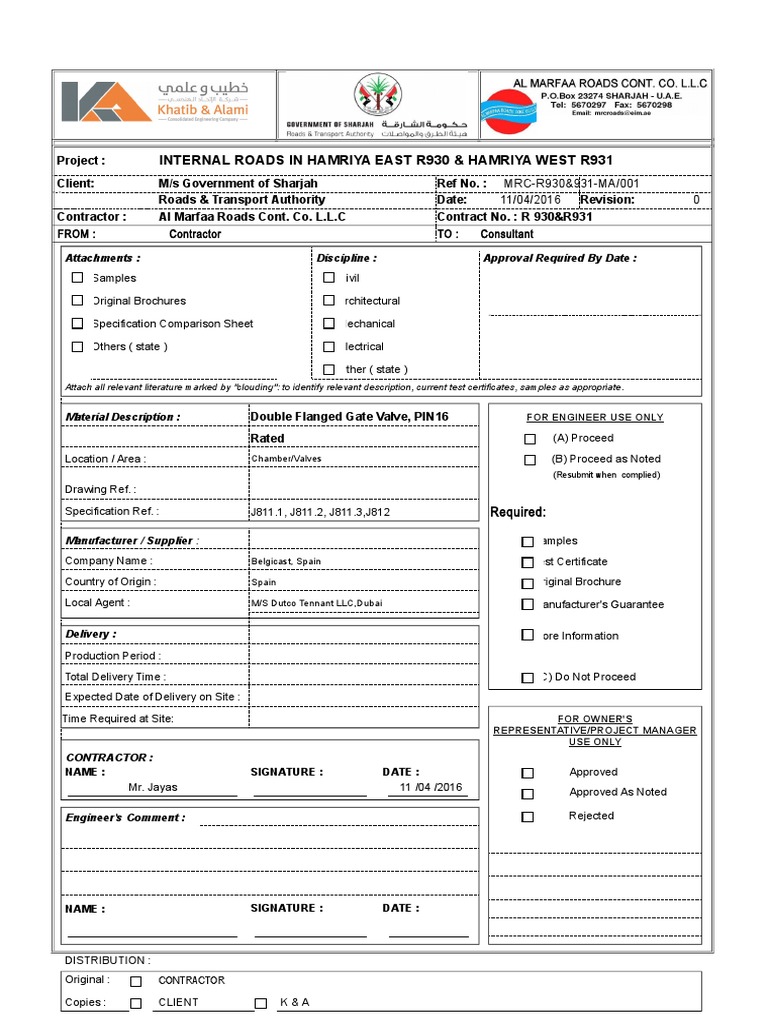 Material Approval Request | PDF | Specification (Technical Standard) | Engineer