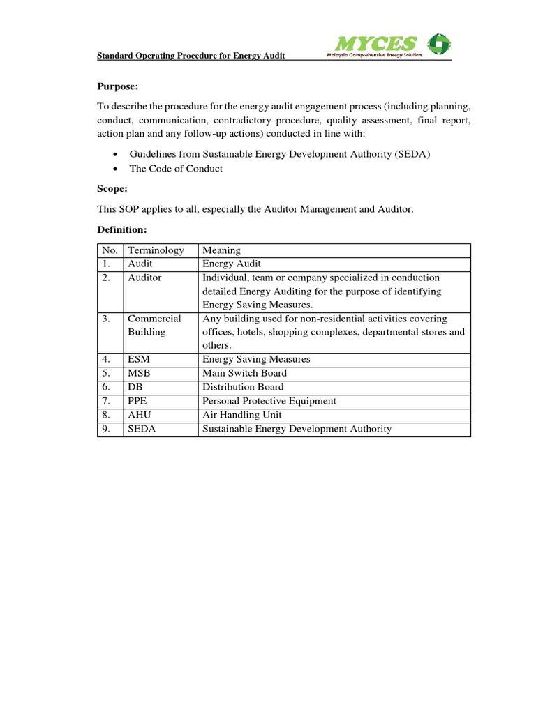 Standard Operating Procedure For Energy Audit | PDF | Audit | Data