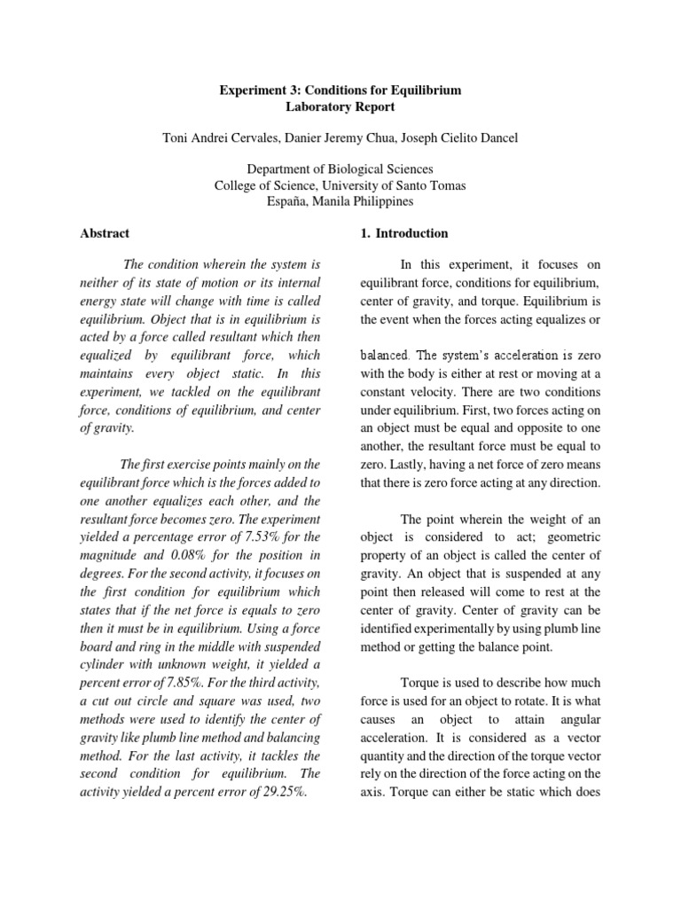 Experiment 3: Conditions For Equilibrium | PDF | Center Of Mass | Force