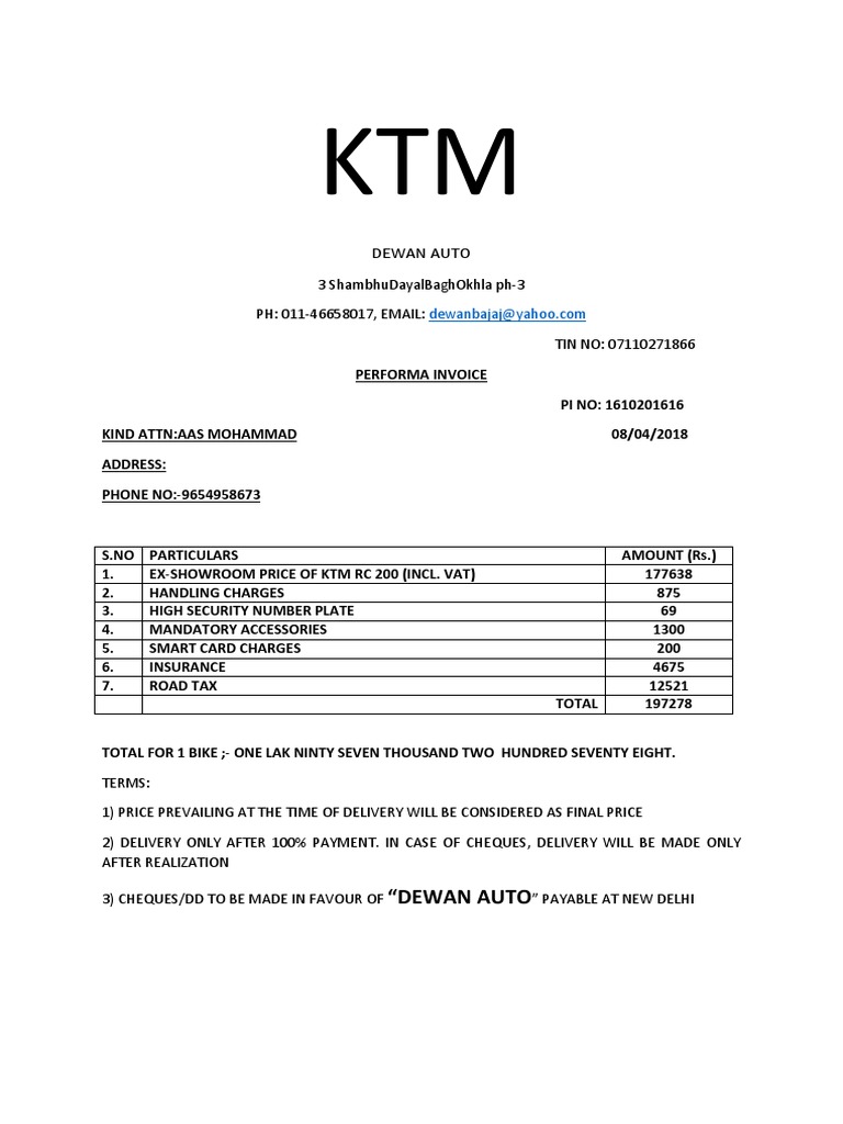 KTM RC 200 Invoice and Pricing Details | PDF