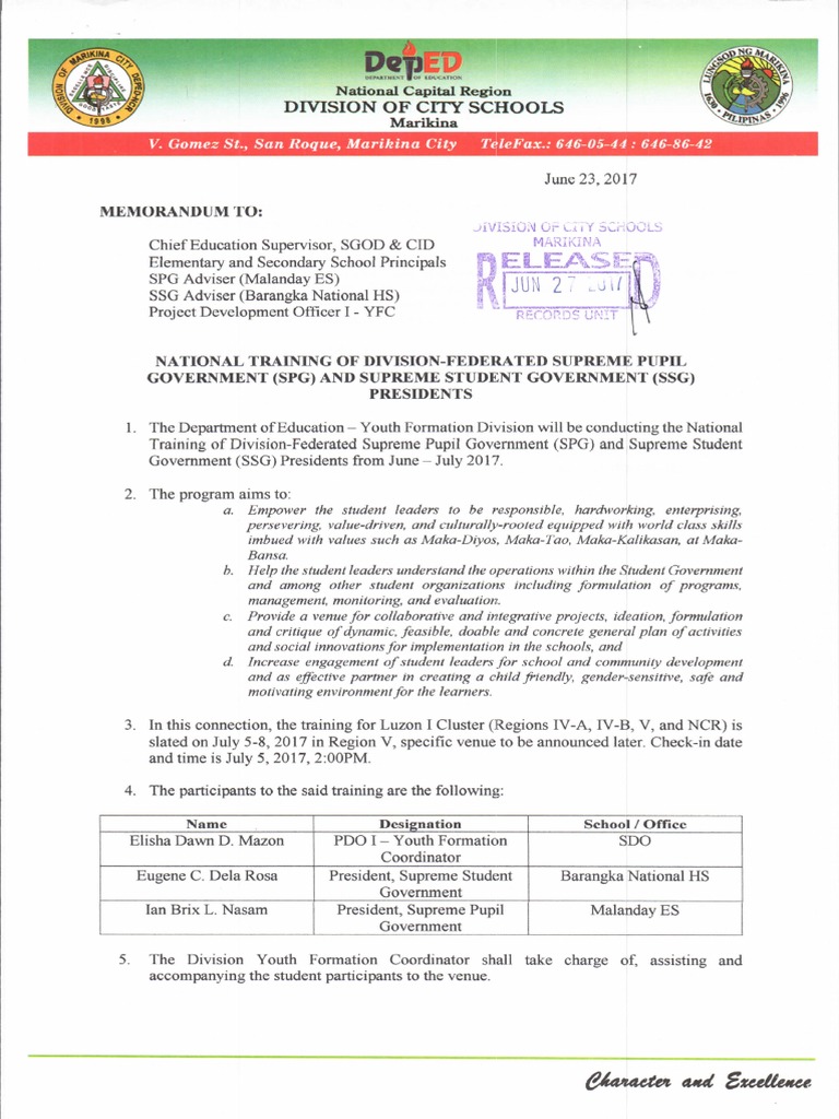 June 27, 2017 National Training of Division Federated Supreme Pupil Government (SPG) and Supreme ...