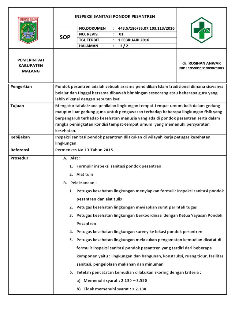 Inspeksi Sanitasi Pondok Pesantren | PDF