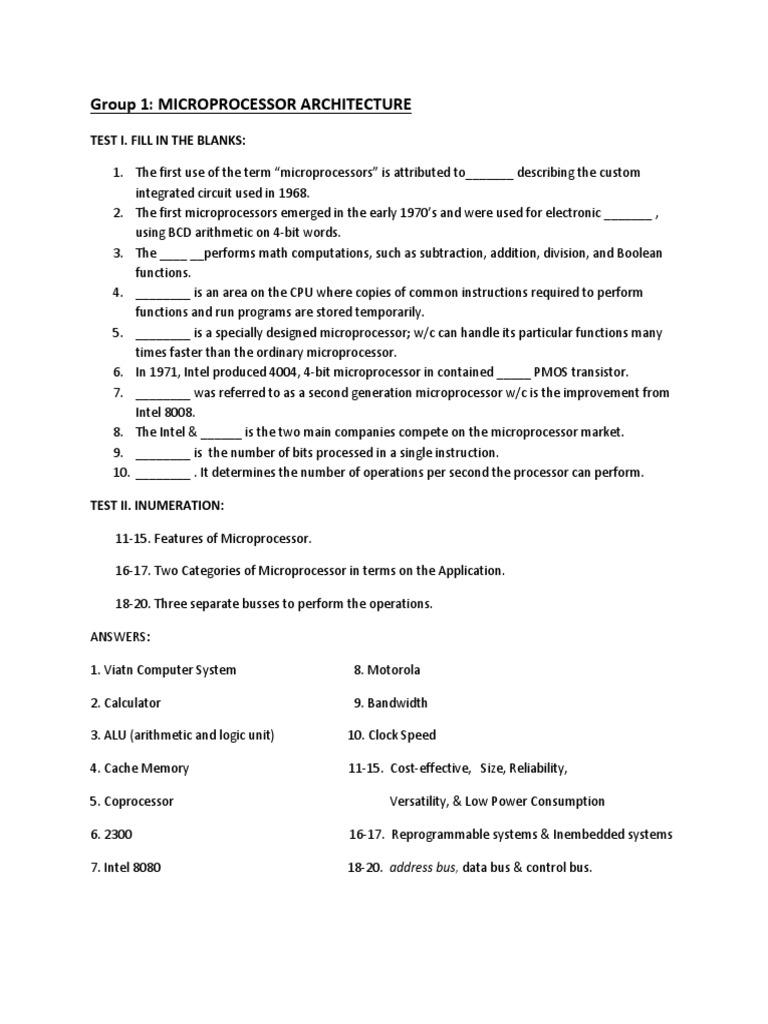 Group 1: Microprocessor Architecture: Test I. Fill in The Blanks | PDF