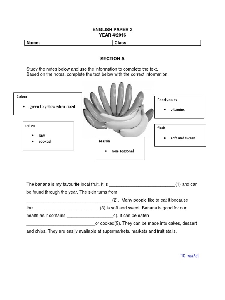 Year 4 English Paper 2016 | PDF | Banana | Food And Drink