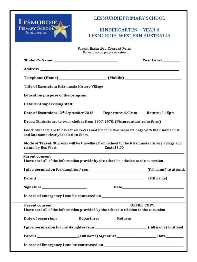 Lesmurdie Primary Excursion Consent Form | PDF