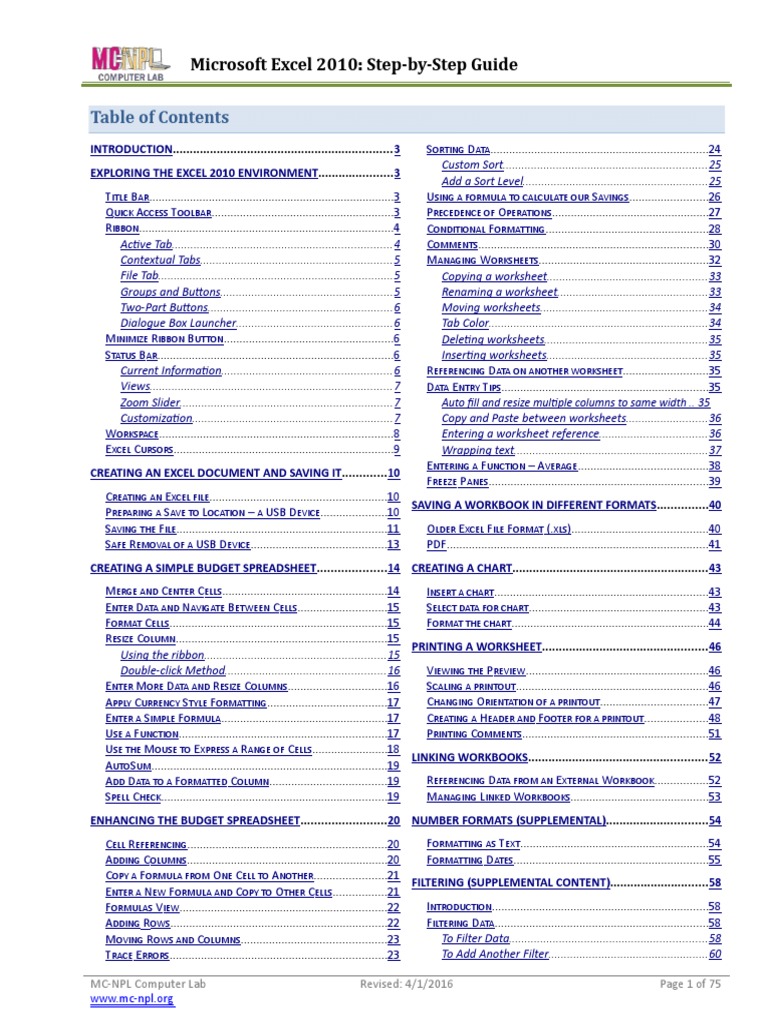 Microsoft Excel 2010: Step-by-Step Guide: MC-NPL Computer Lab Revised ...