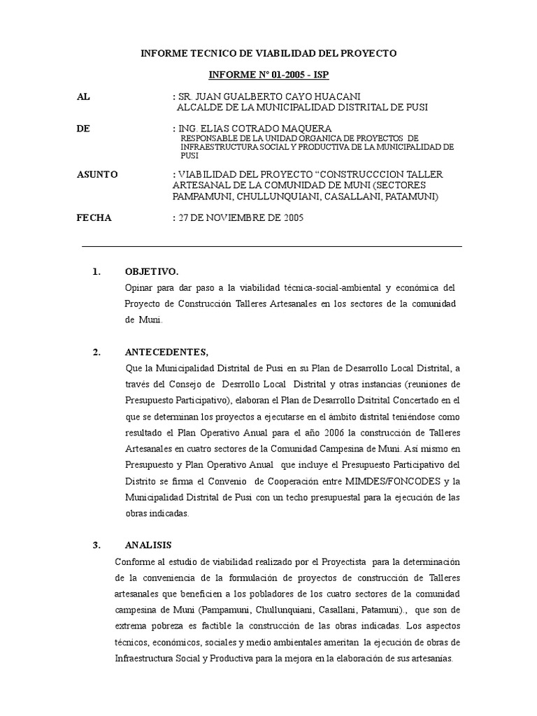 Informe Tecnico De Viabilidad Del Proyecto Pdf Presupuesto Economias