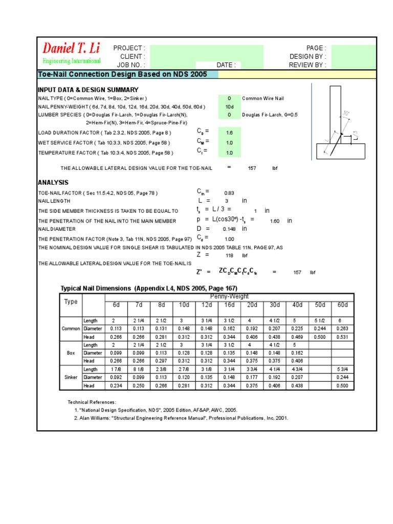 Toe-Nail Connection Design Based on NDS 2005 | PDF | Nail (Anatomy) | Nature