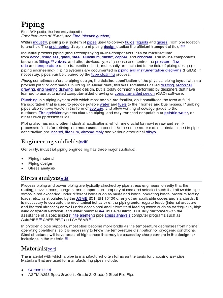 Piping: Engineering Subfields | PDF | Pipe (Fluid Conveyance) | Civil ...