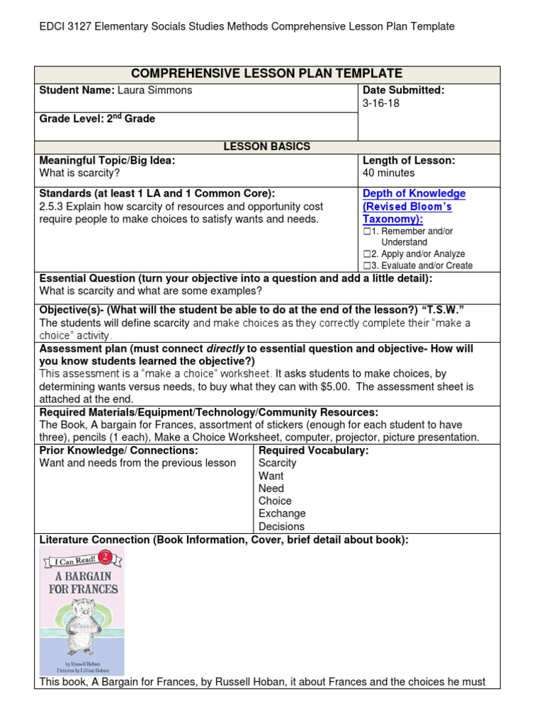 Comprehensive Lesson Plan Template: Depth of Knowledge (Revised Bloom's ...