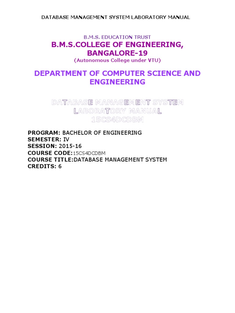 DBMS Lab Manual 7-2-2016 | PDF | Relational Model | Databases