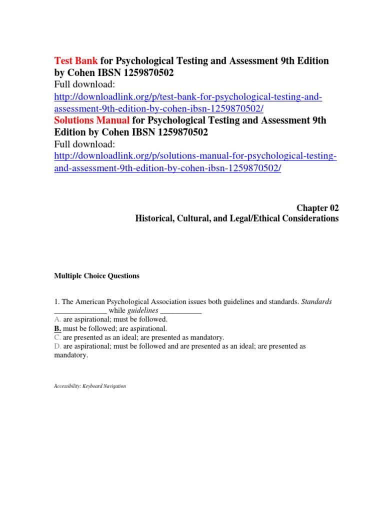 Test Bank For Psychological Testing and Assessment 9th Edition by Cohen ...