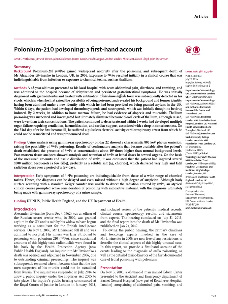 Polonium-210 Poisoning: A Fi Rst-Hand Account: Articles | PDF | Gamma ...