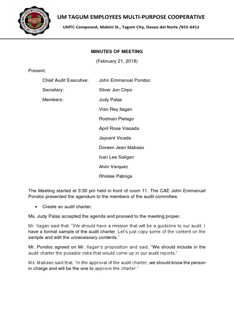 Minutes of Meeting Audit Charter | PDF | Internal Audit | Risk Management